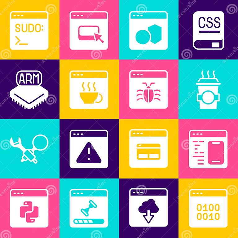 Set Binary Code, Software, Coffee Cup To Go, Processor, Code Terminal and System Bug Icon ...