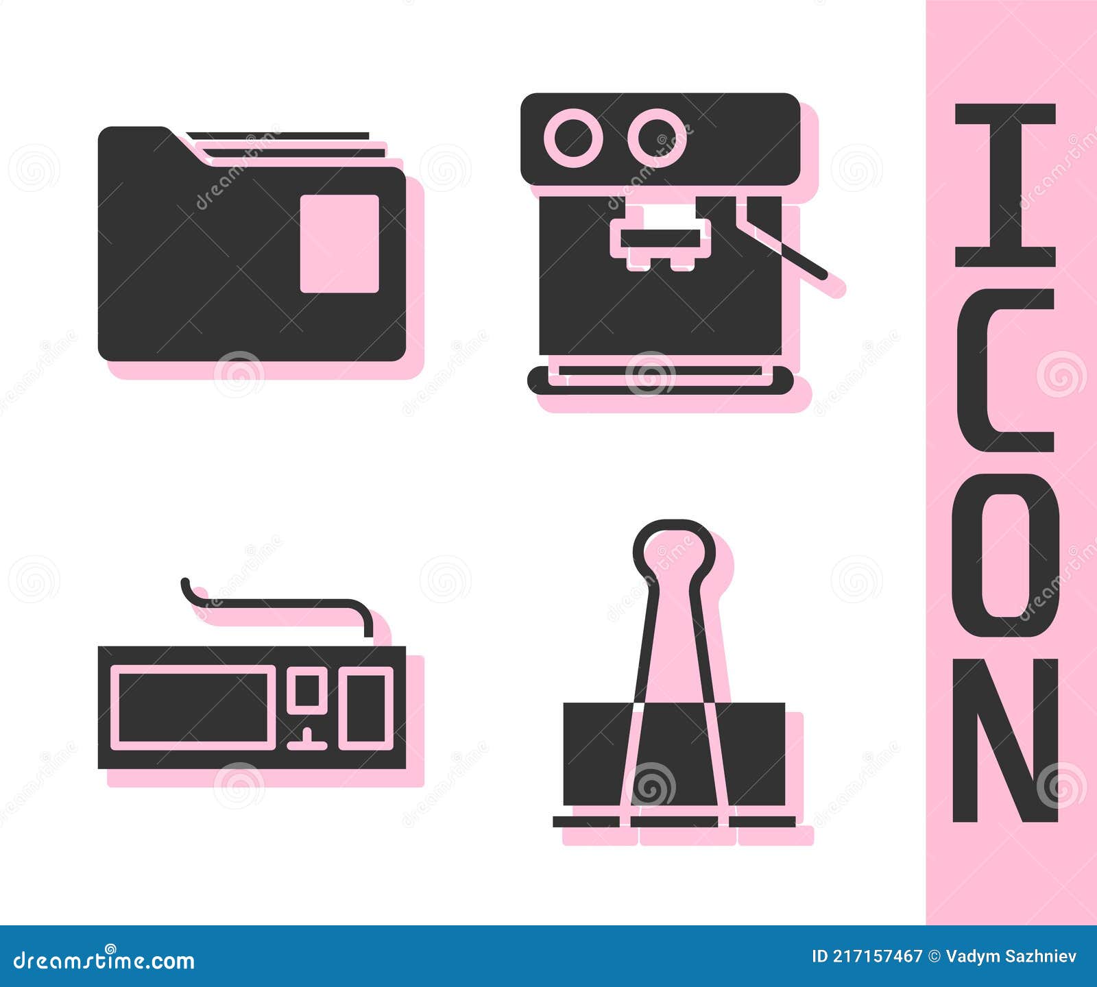Set Binder Clip, Document Folder, Keyboard and Coffee Machine Icon ...