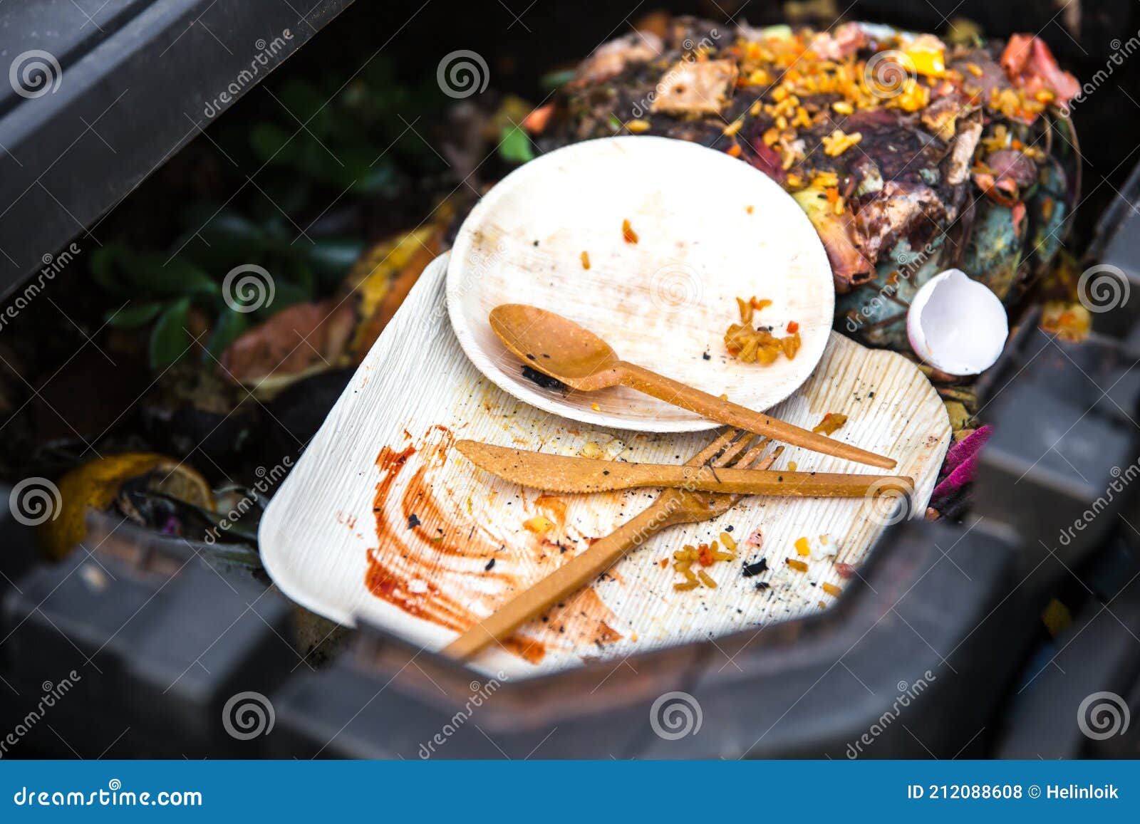 Set of Biodegradable Dirty Used Palm Leaf Plates and Fork, Knife, Spoon ...