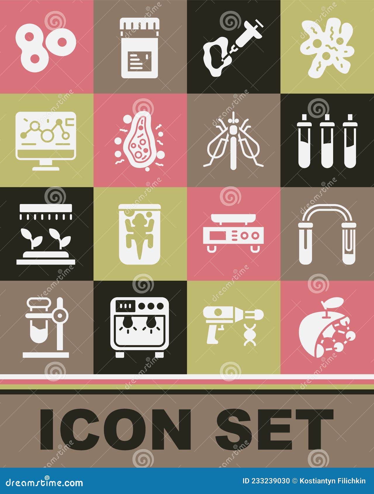 Set Biological Structure, Test Tube and Flask, Reagent Bottle, Syringe ...