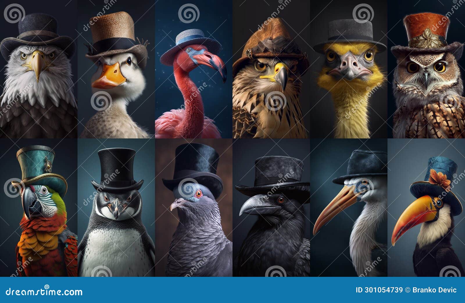 Set of Birds Portraits with Hats in the Studio Stock Illustration ...