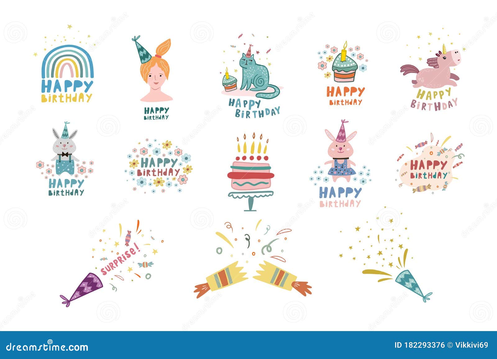 Set of Birthday Designs. Birthday Illustrations. Vector Color Flat ...