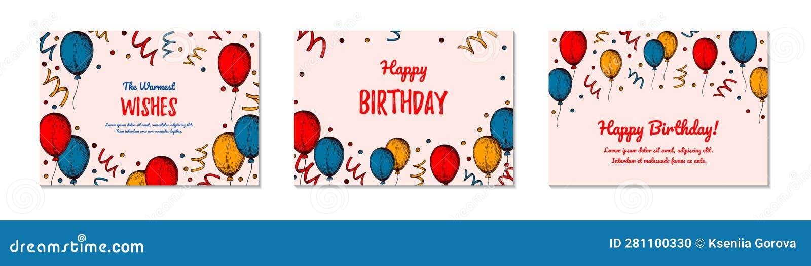 Set of Birthday Horizontal Greeting Cards. Design with Hand Drawn ...
