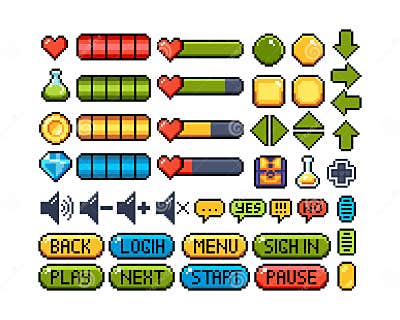 Set of 8-bit Pixel Graphics Icons. Isolated Vector Illustration Stock ...