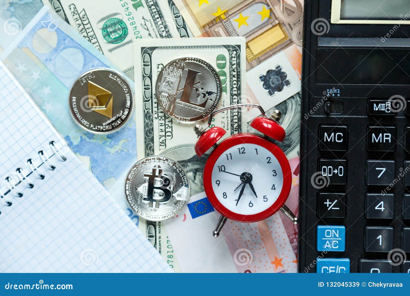 Set of Bitcoin, Ethereum - Crypto Currency Next To Notepad on Real ...