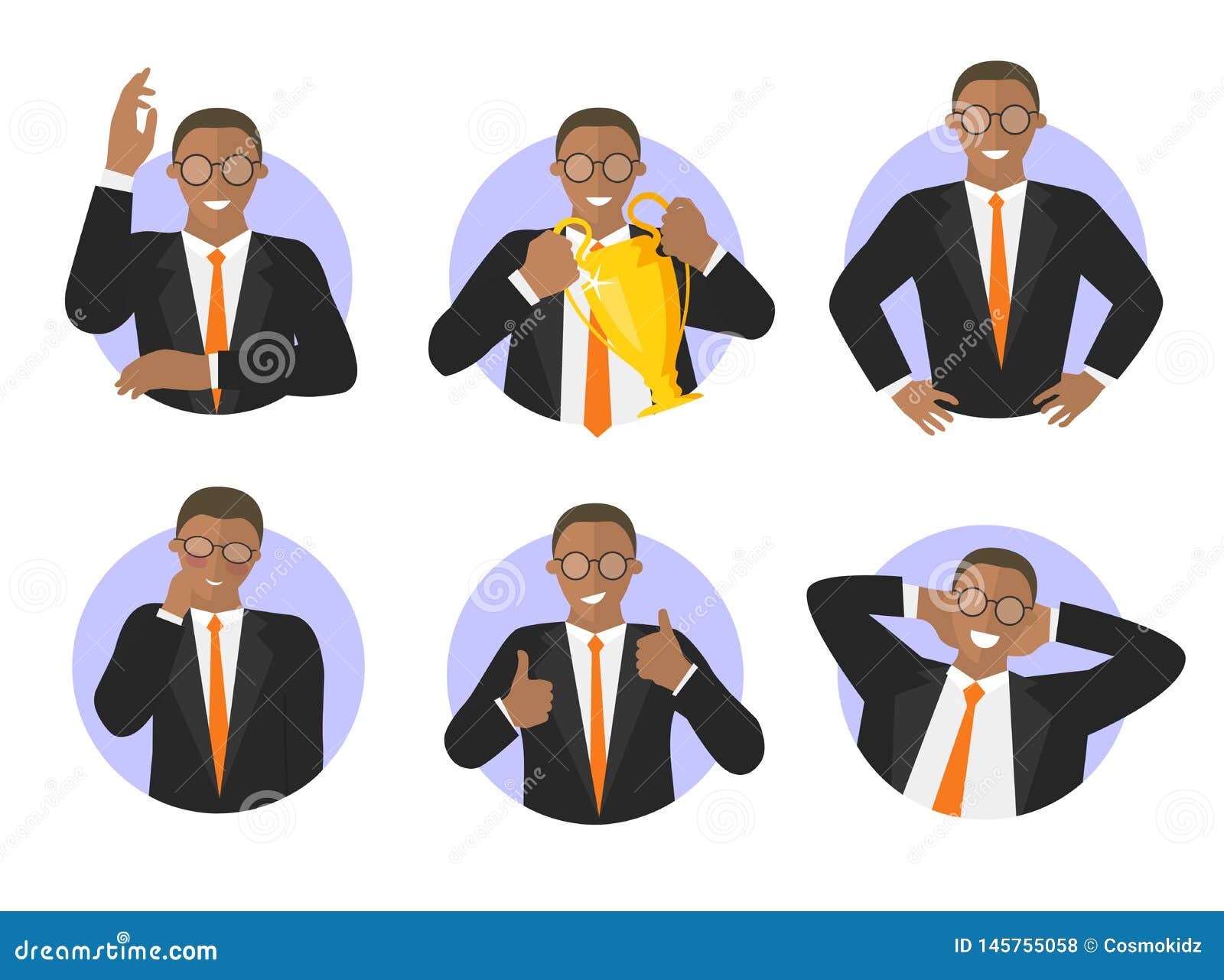 Set of Black Businessman Success Expression Icons Stock Illustration ...