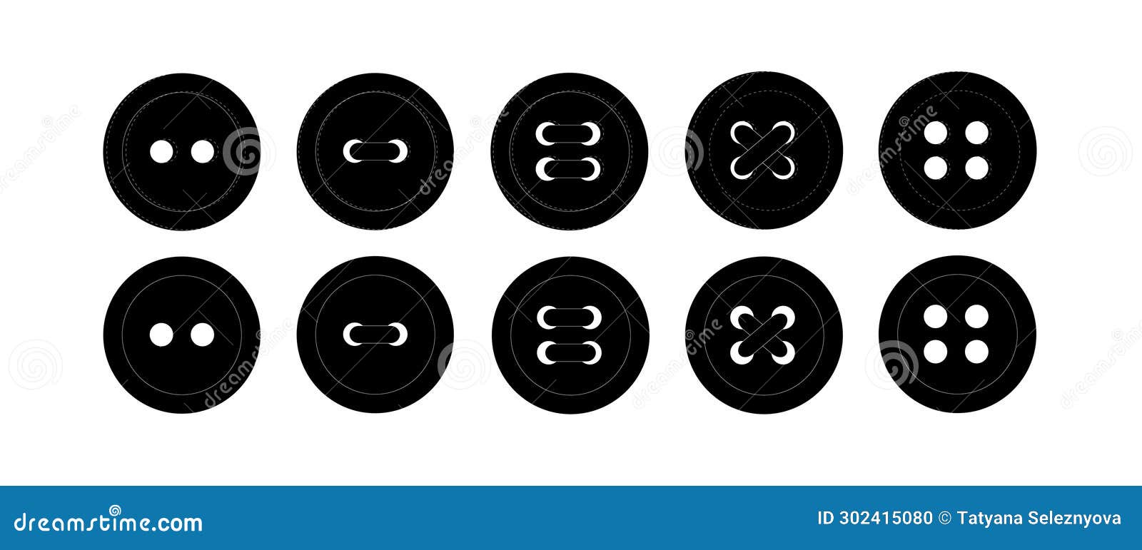 Set of Black Buttons. Buttons with Two and Four Holes. Buttons are Sewn ...