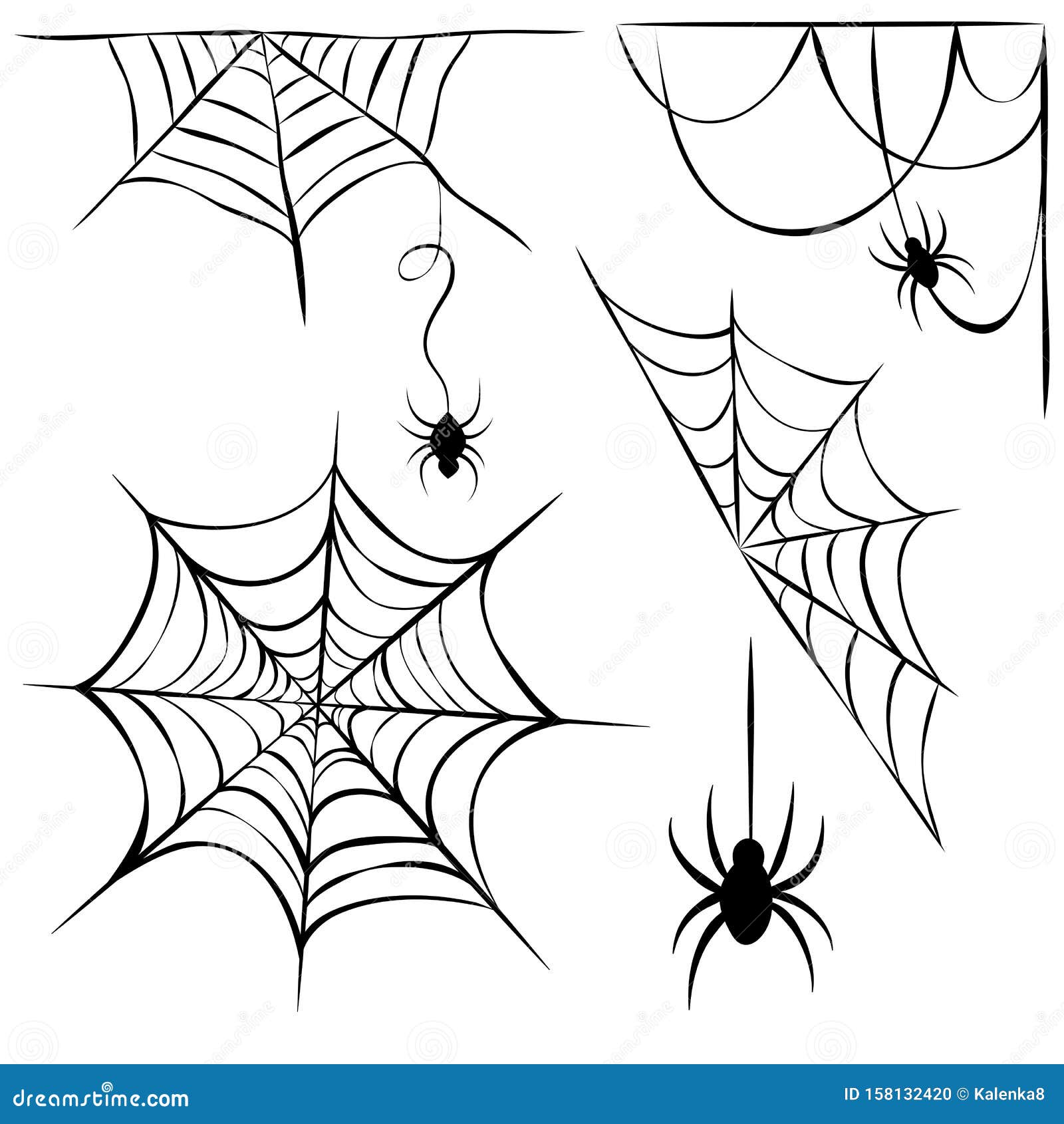 Set Of Black Cobweb And Hanging Spiders Isolated On White Background ... Set Of Black Cobweb And Hanging Spiders Isolated On White Background ...