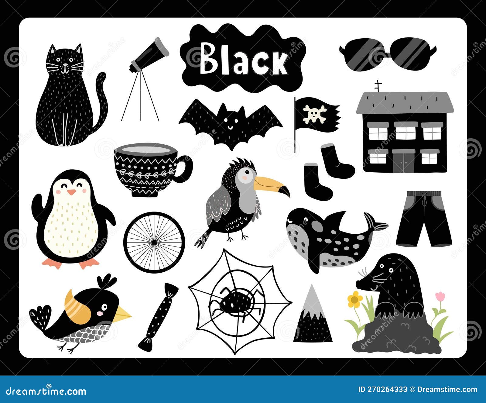 Set of Black Color Objects. Primary Colors Flashcard with Black ...