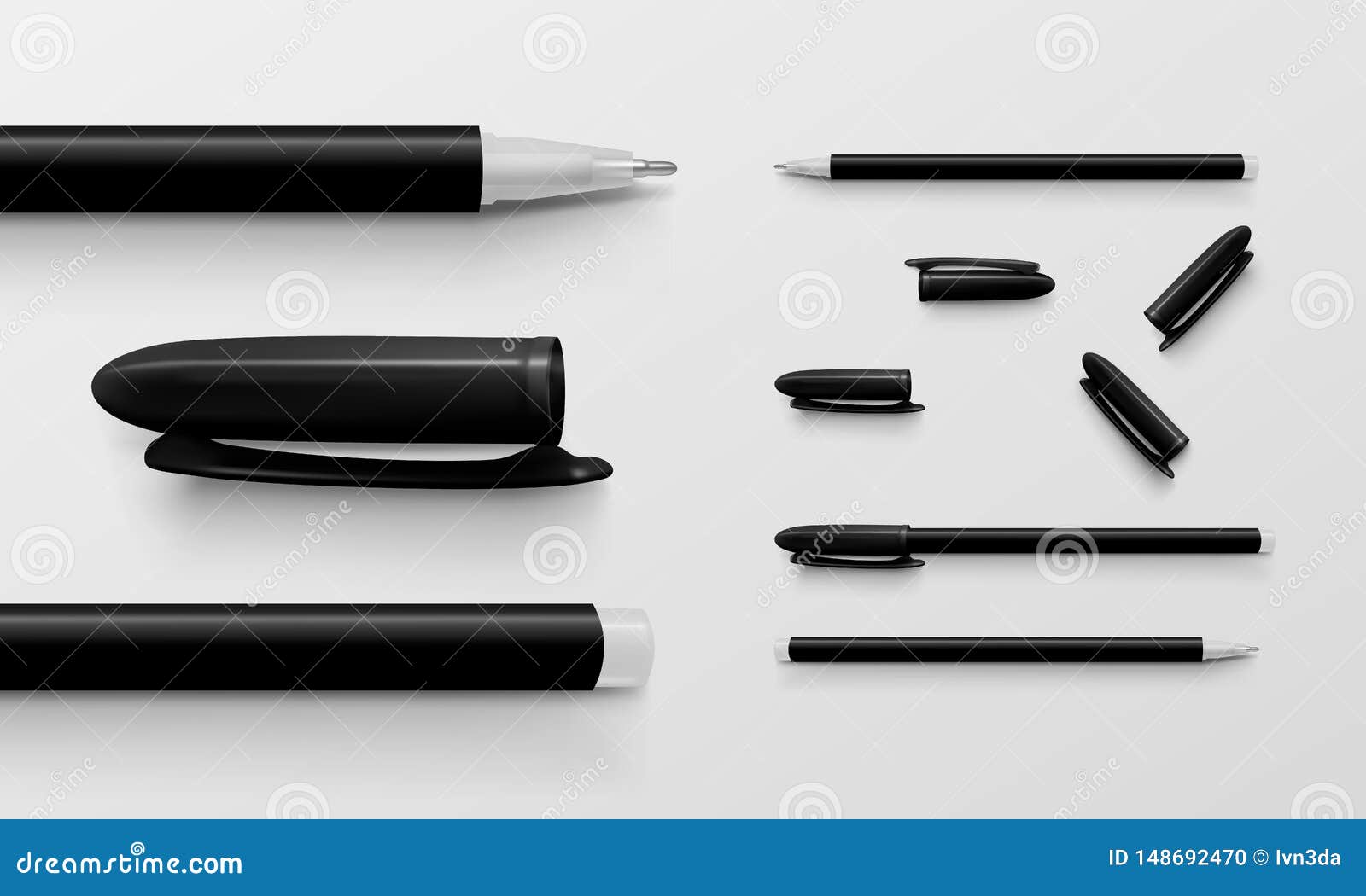 Set Of Black Colored Office Pens And Caps Vector Illustration ...