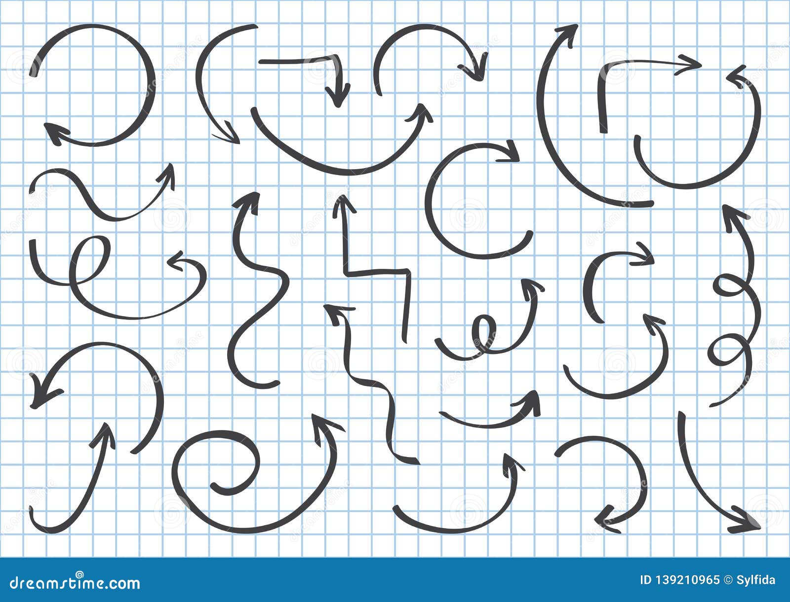 Set of Black Different Arrows Hand Draw on Checkered Geometric ...