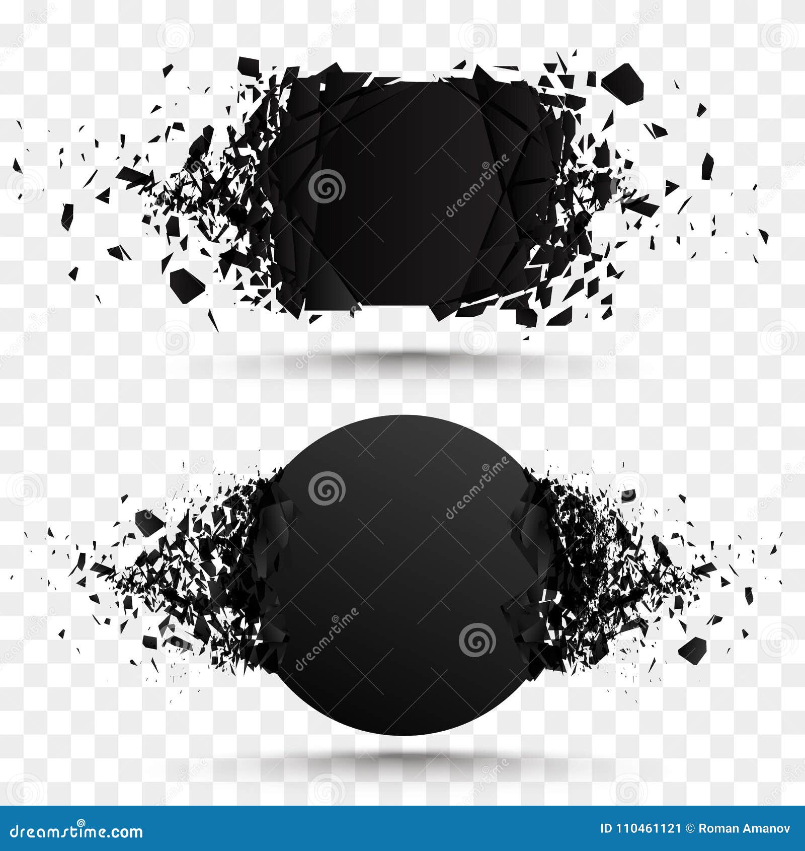 Set of Black Explosion Banners. Square and Circle Destruction Shapes ...
