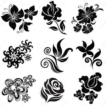 Set of Black Flower Design Elements Stock Vector - Illustration of bush ...