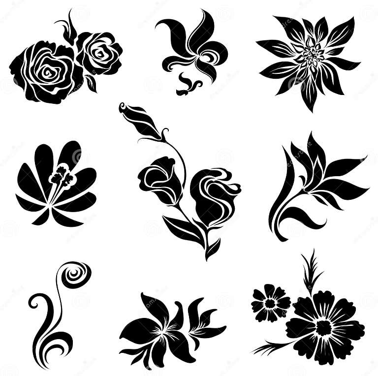 Set of Black Flower Design Elements Stock Vector - Illustration of ...