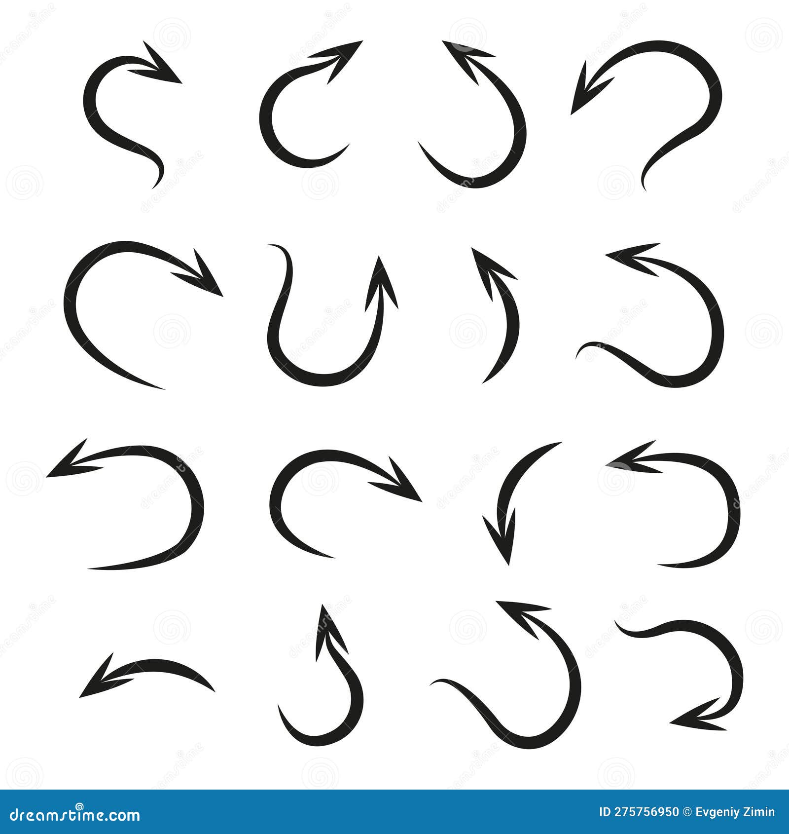 Set of Black Hand-Drawn Rounded Arrows Icons, Isolated on White ...