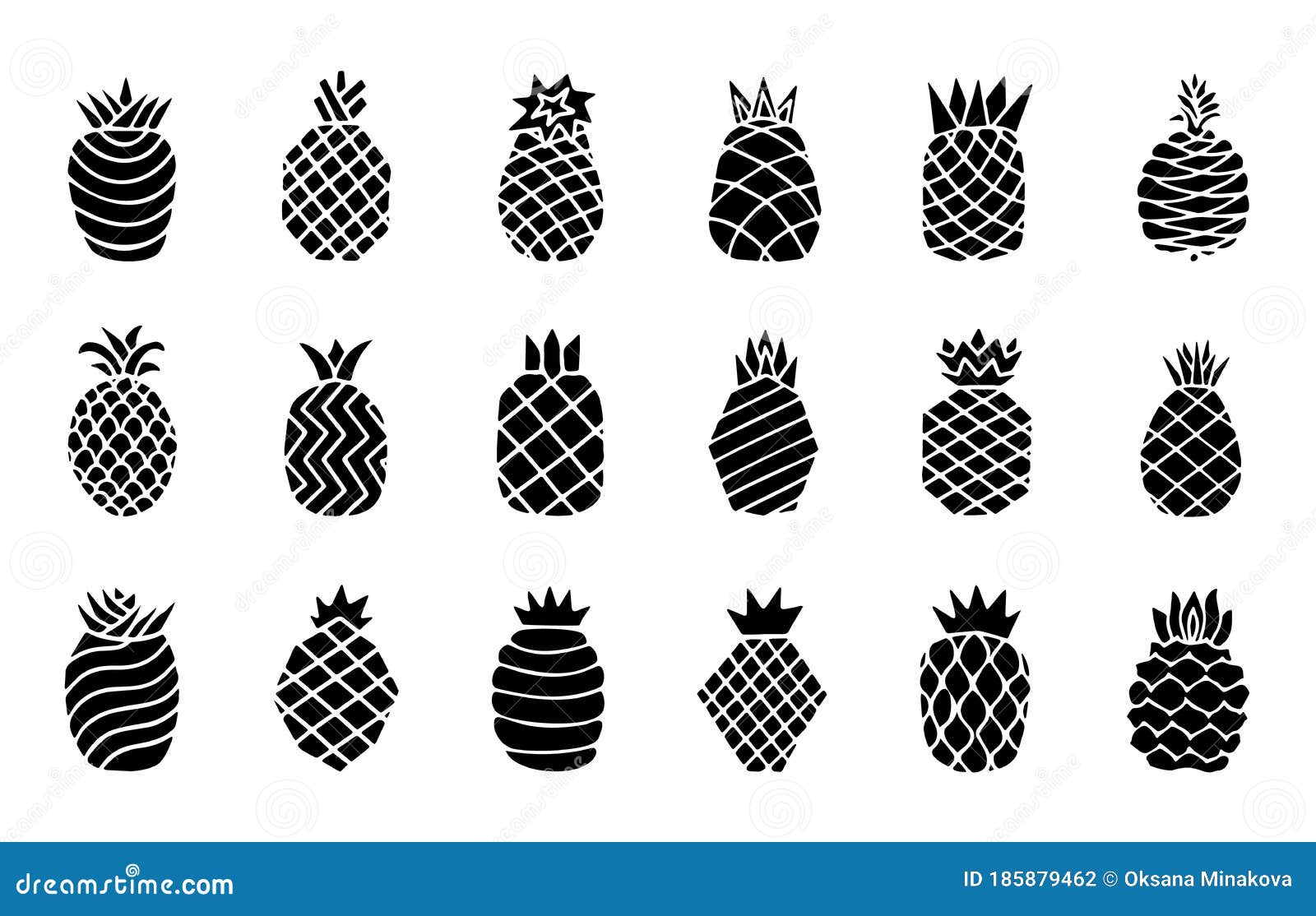 Set Black Icons Of Pineapple Fruit With Leaf Isolated On White ...