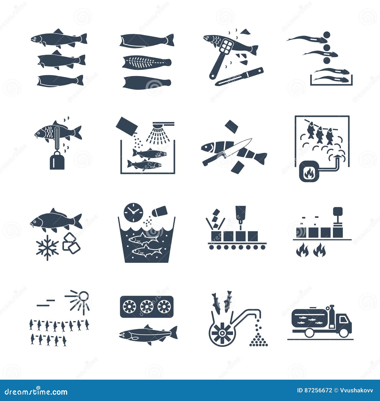 Set of Black Icons Processing of Fish Stock Vector - Illustration of ...