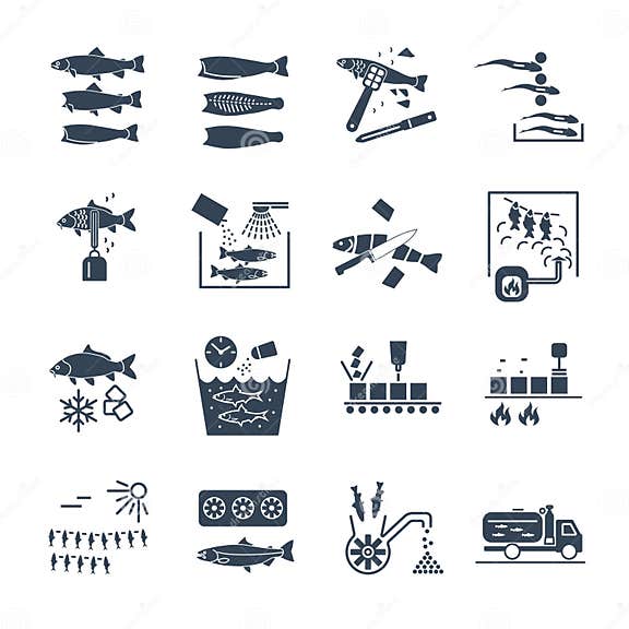 Set of Black Icons Processing of Fish Stock Vector - Illustration of ...
