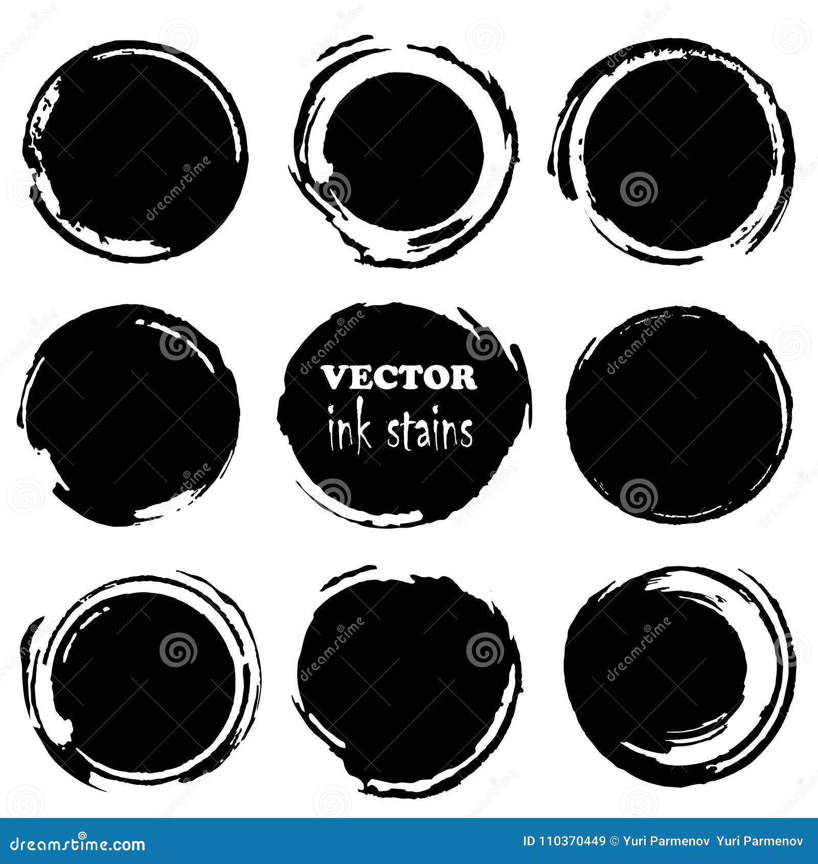 Set of Black Ink Round Splash. Circle Frame. Hand Drawn Ink Grunge ...