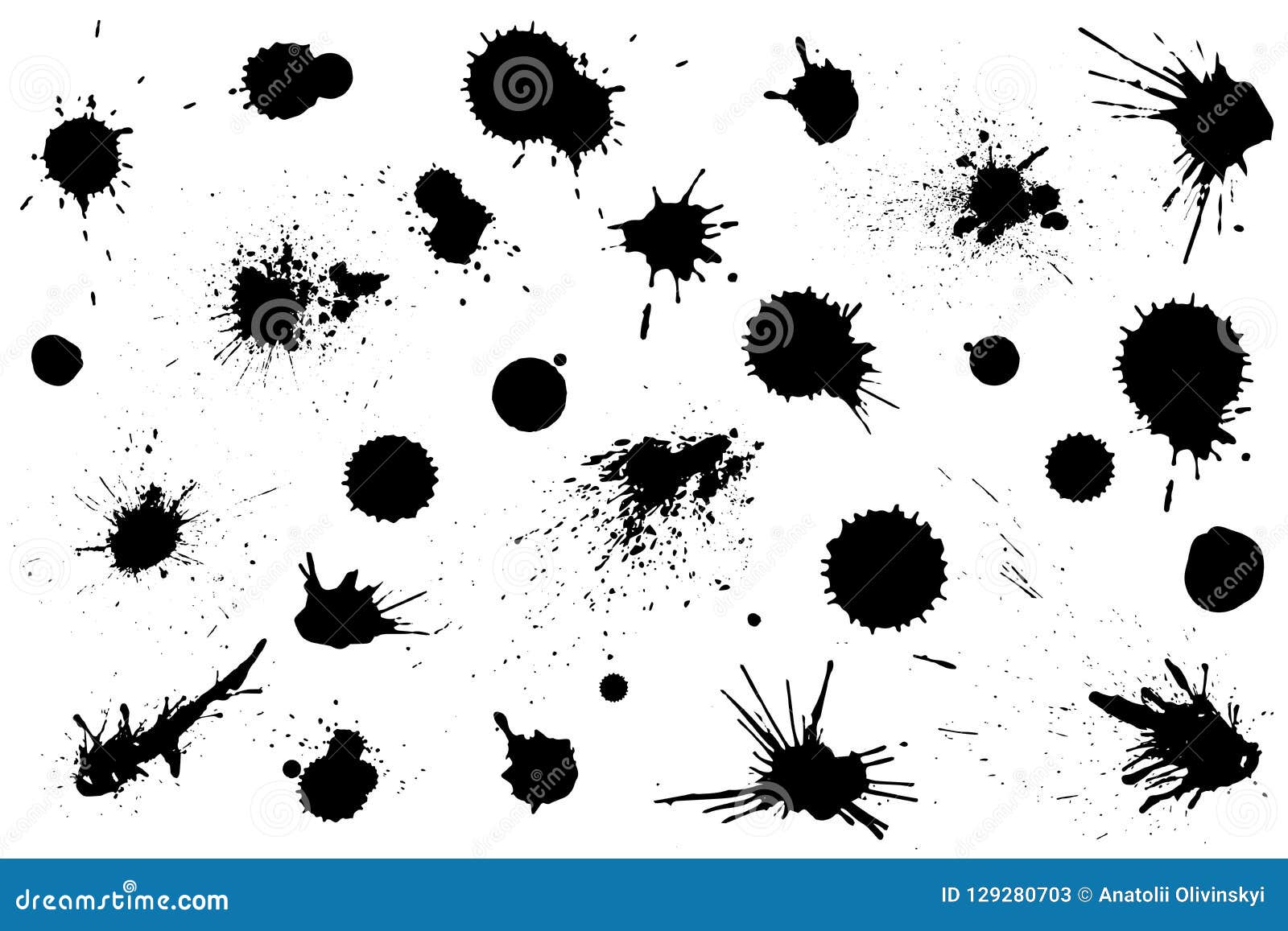 Set of Black Ink Splashes and Drops. Different Handdrawn Spray Design ...