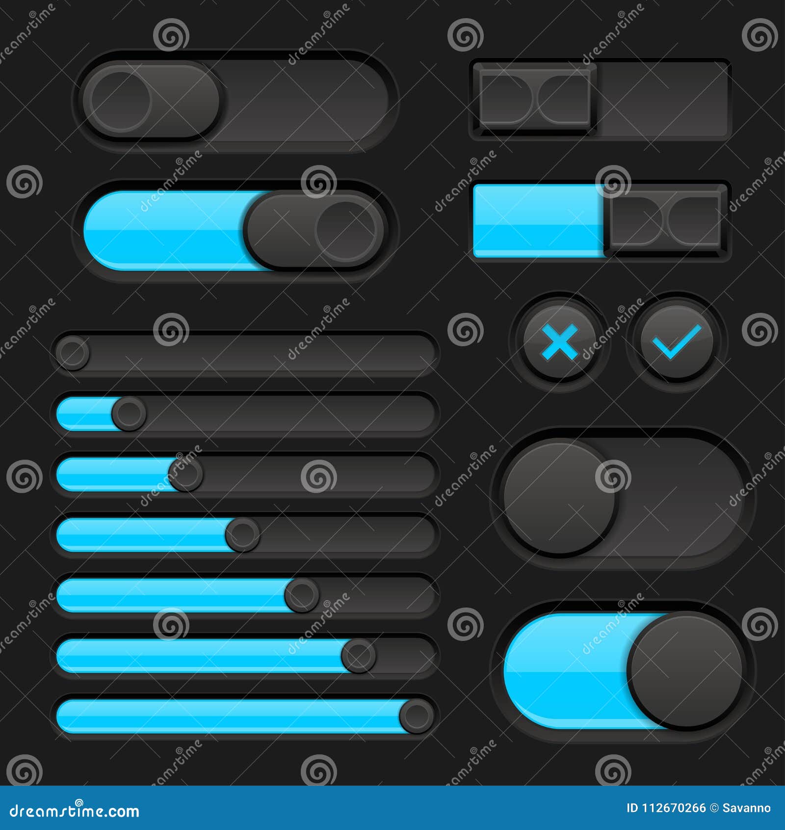 Set of Black Interface Switch Buttons with Blue Elements, Sliders Stock ...