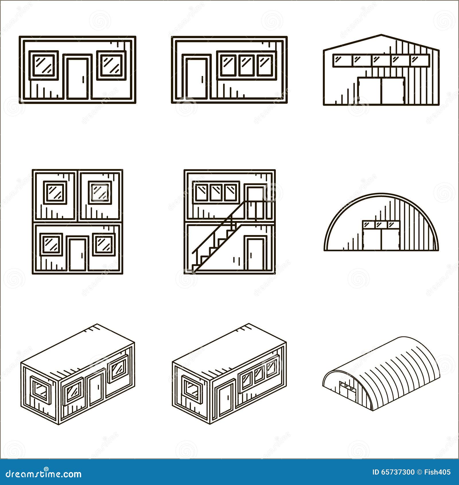 Set of Black Line Vector Icons for Modular Buildings on White Stock ...