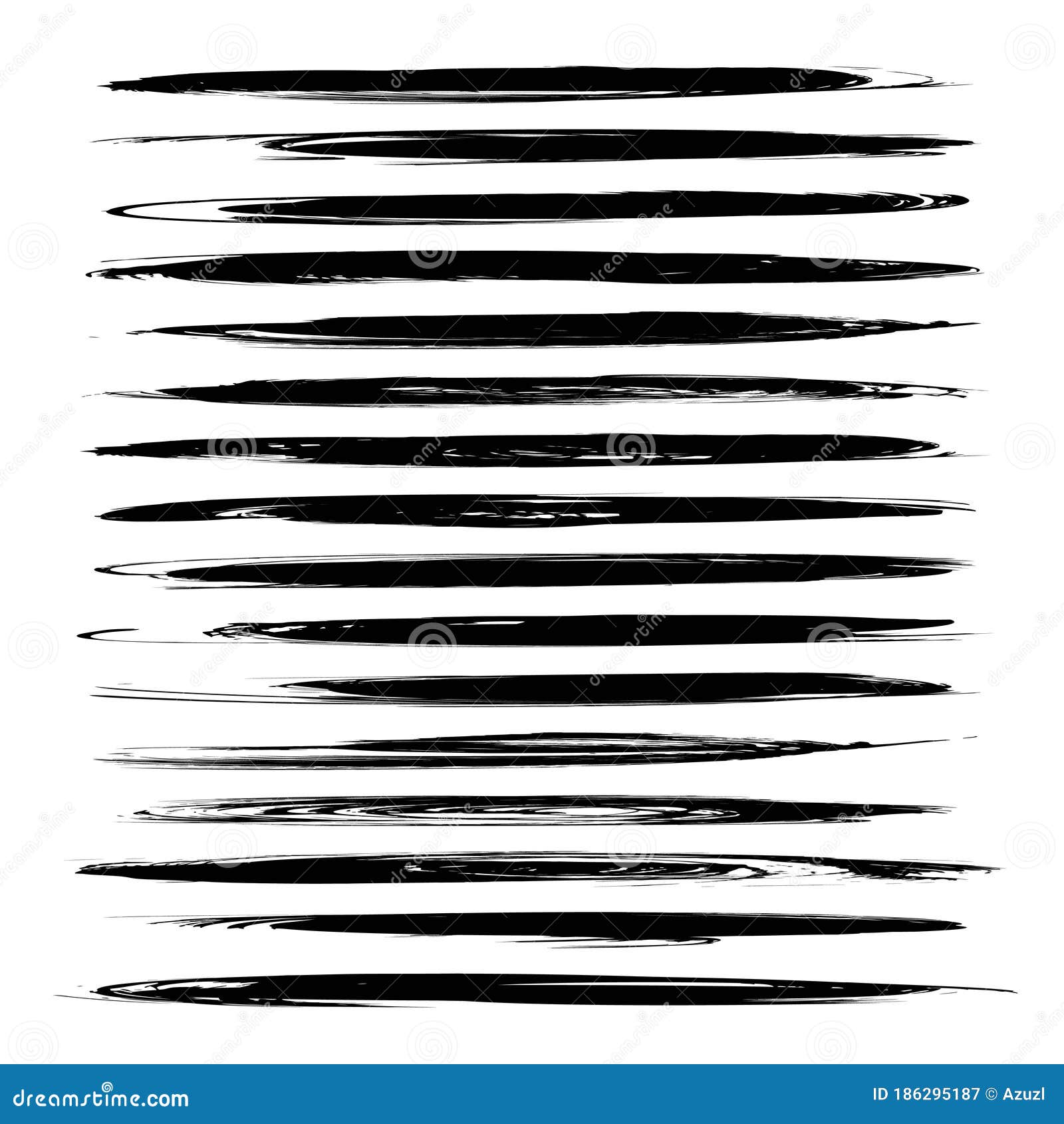 Set of Black Long Thin Abstract Textured Smears on a White Background ...