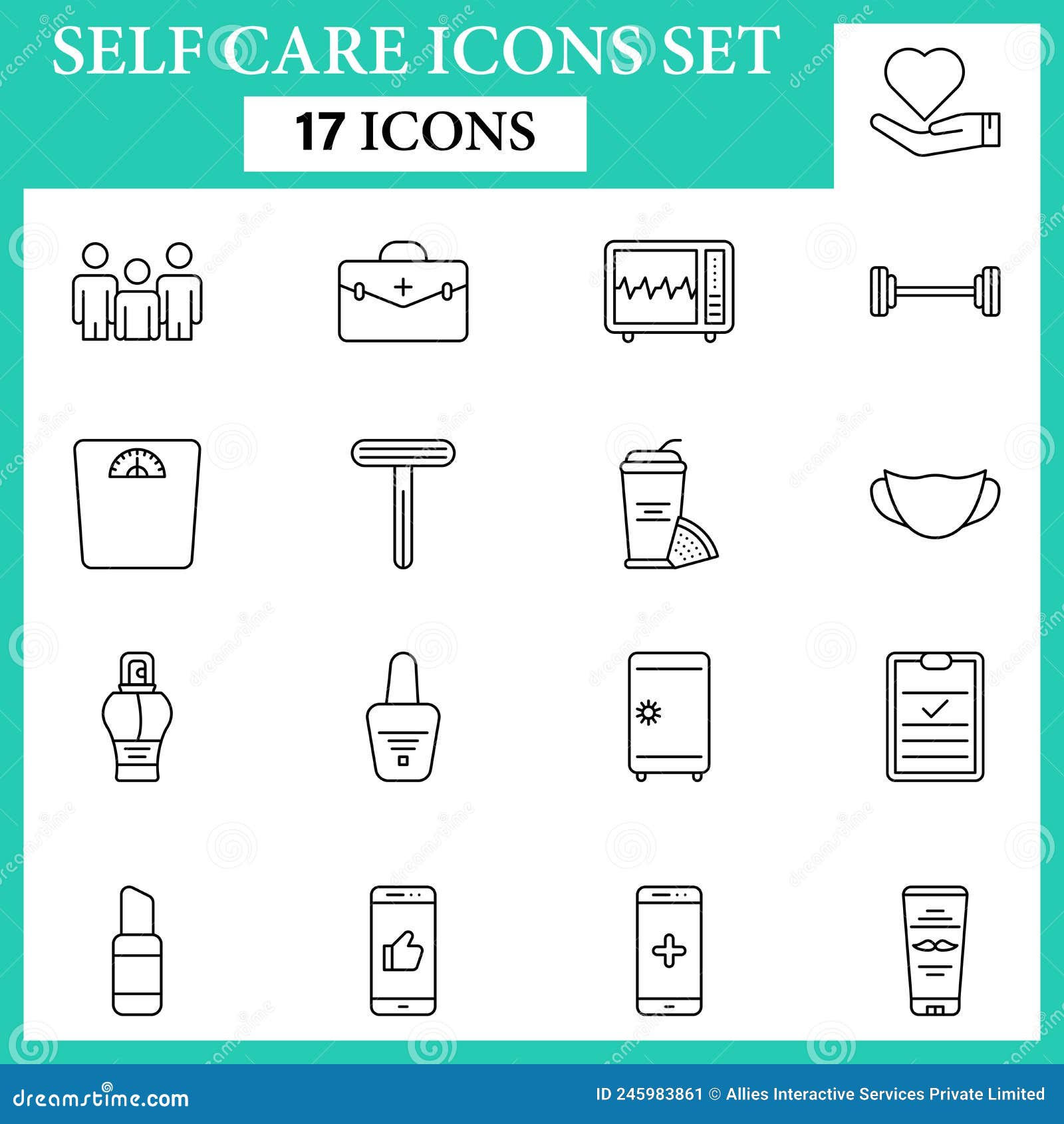 Set of Black Outline Self Care Flat Icon or Symbols Stock Illustration ...