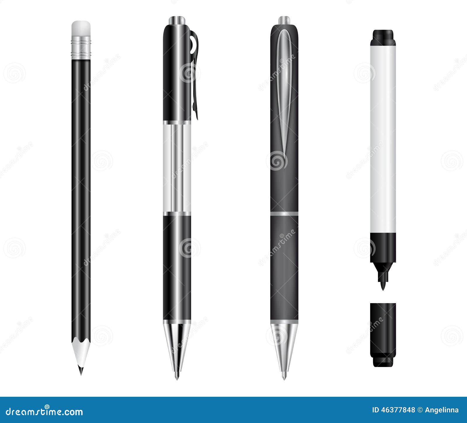 Set of Black Pens, Pencil and Marker Stock Vector - Illustration of ...