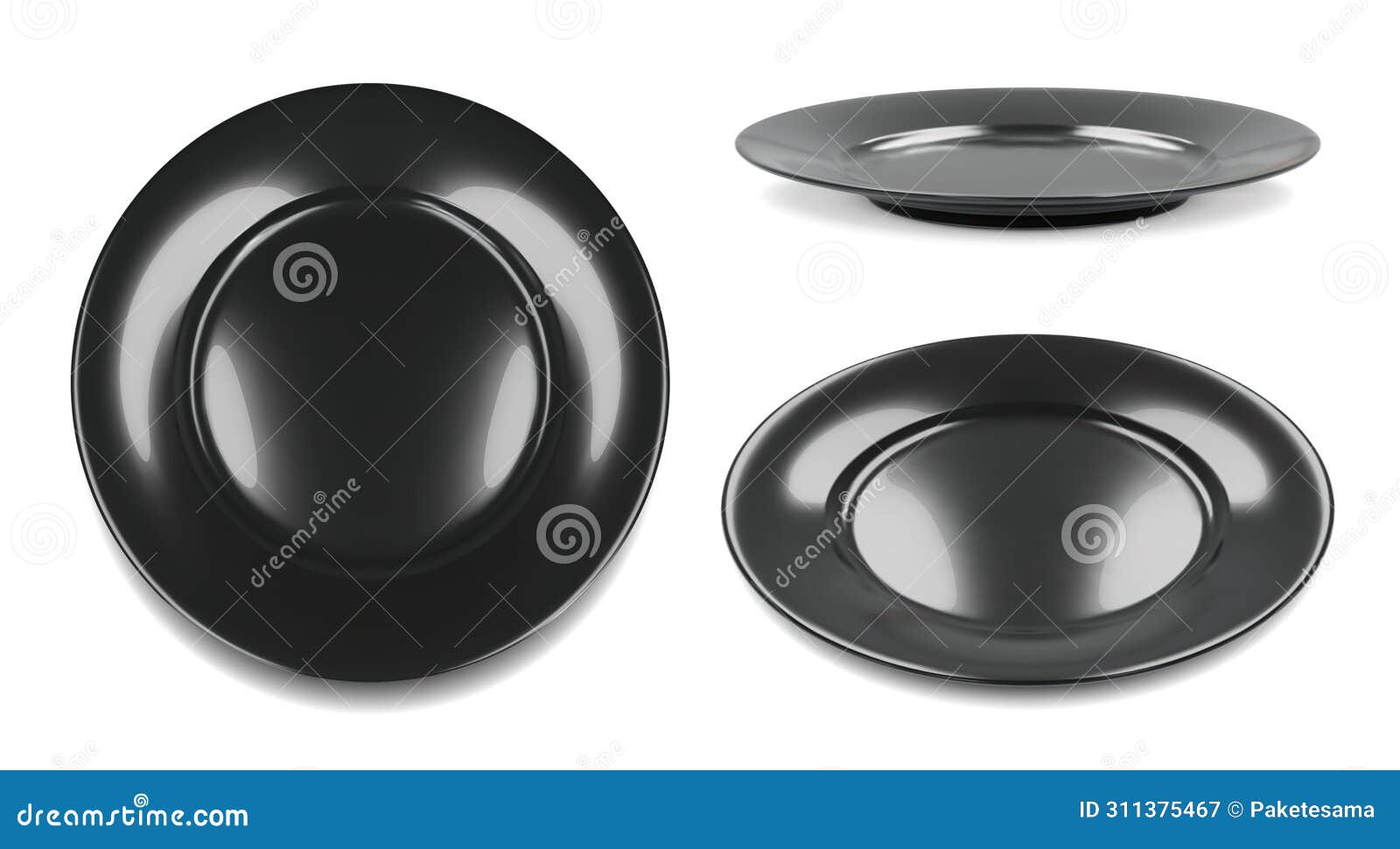 Set of 3 Black Round Empty Plates, Side View Iand Top View Stock Vector ...