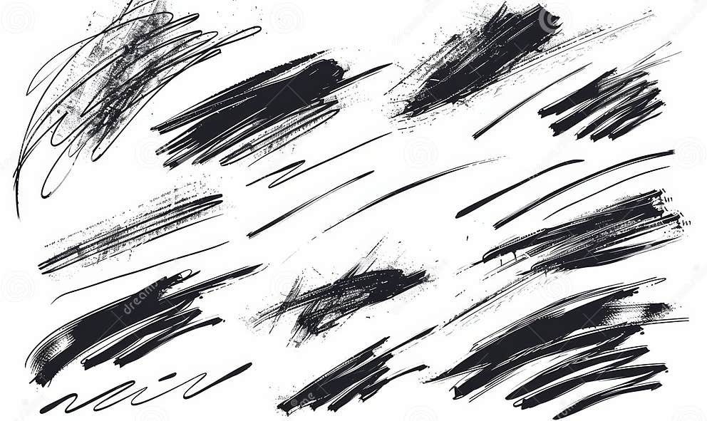 Set of Black Scribbled Grunge Lines on White Background, Modern Design Elements Stock ...