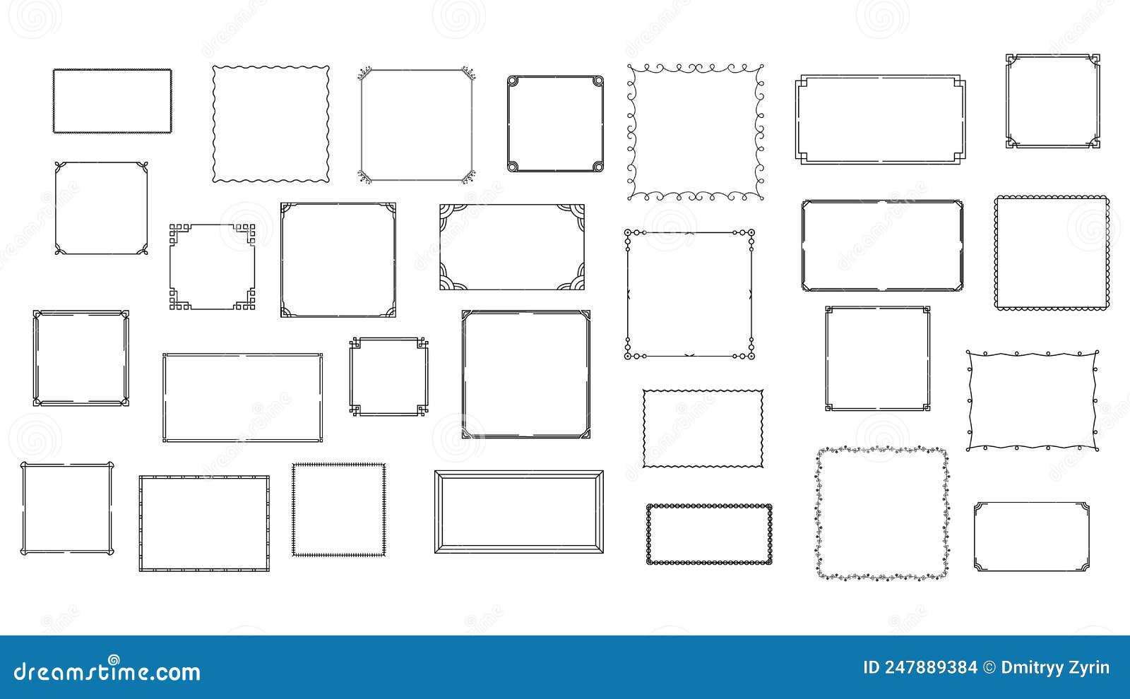 Set Black Simple Line Frame Collection Doodle Square Floral Frame ...