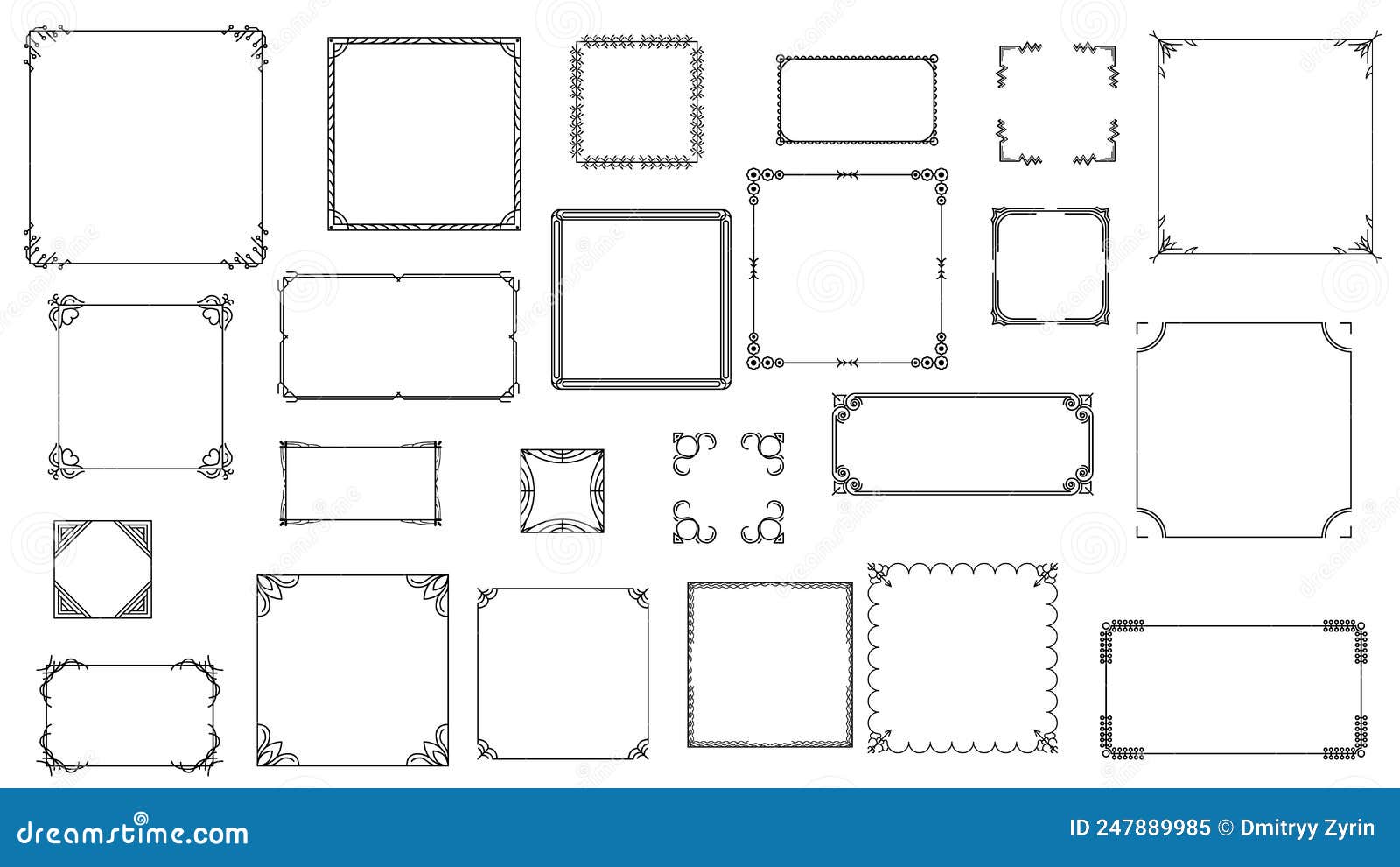 Set Black Simple Line Frame Collection Doodle Square Floral Frame ...