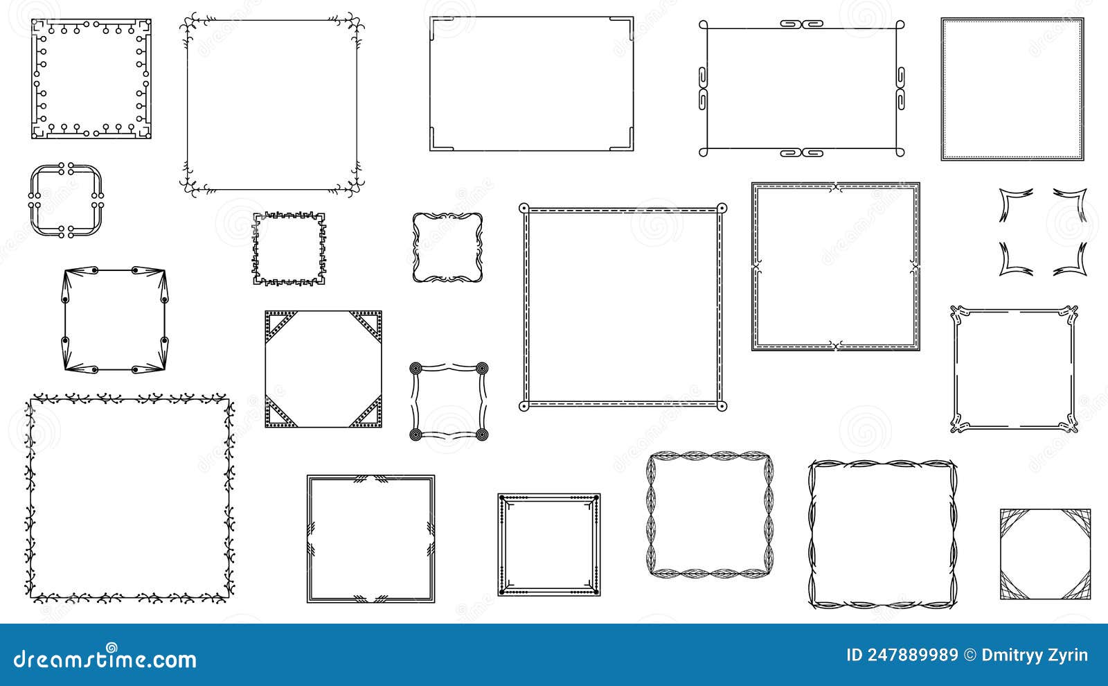 Set Black Simple Line Frame Collection Doodle Square Floral Frame ...