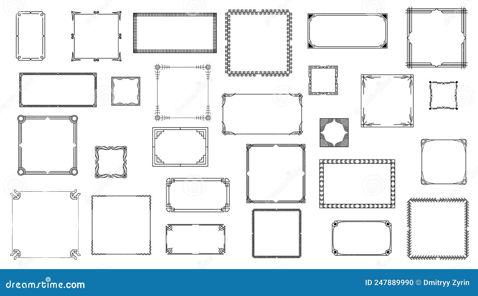 Set Black Simple Line Frame Collection Doodle Square Floral Frame ...