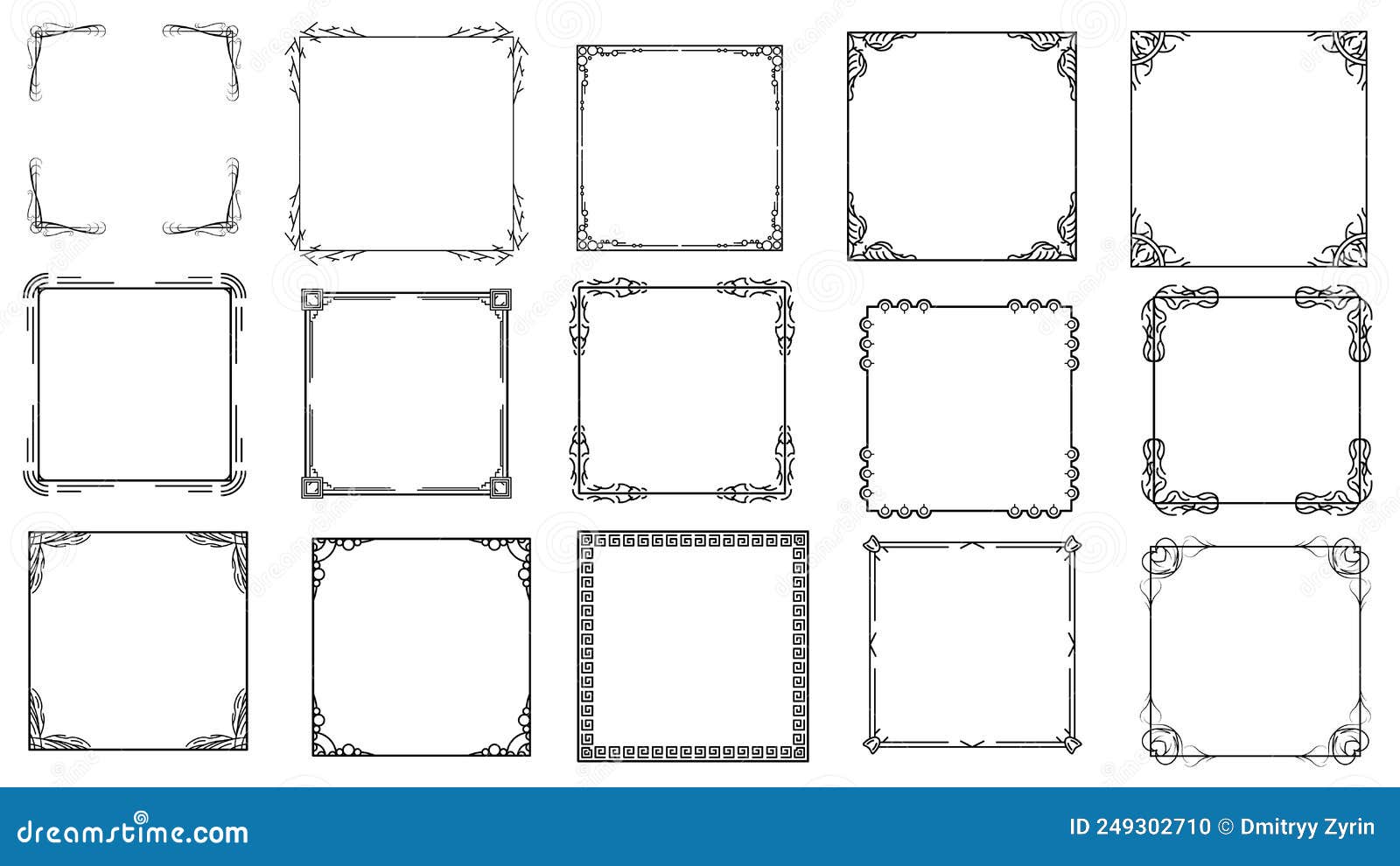 Set Black Simple Line Frame Collection Doodle Square Floral Frame ...