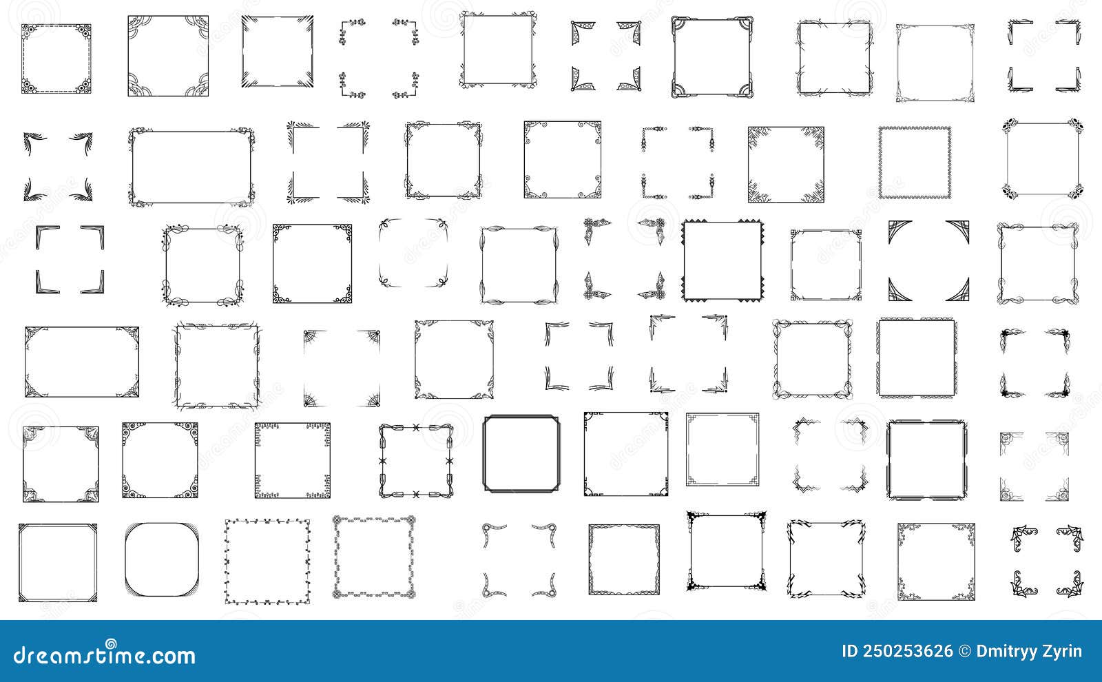 Set Black Simple Line Frame Collection Doodle Square Floral Frame ...