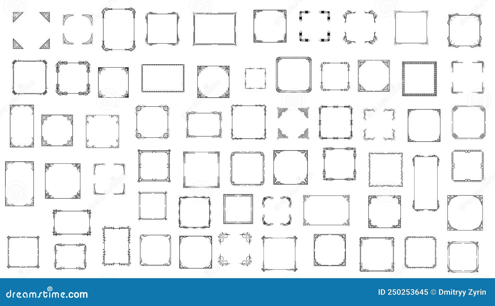 Set Black Simple Line Frame Collection Doodle Square Floral Frame ...