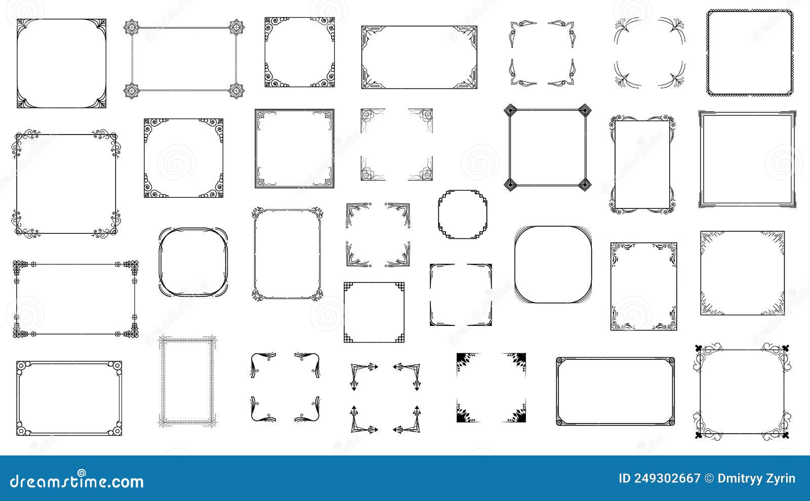 Set Black Simple Line Frame Collection Doodle Square Floral Frame ...