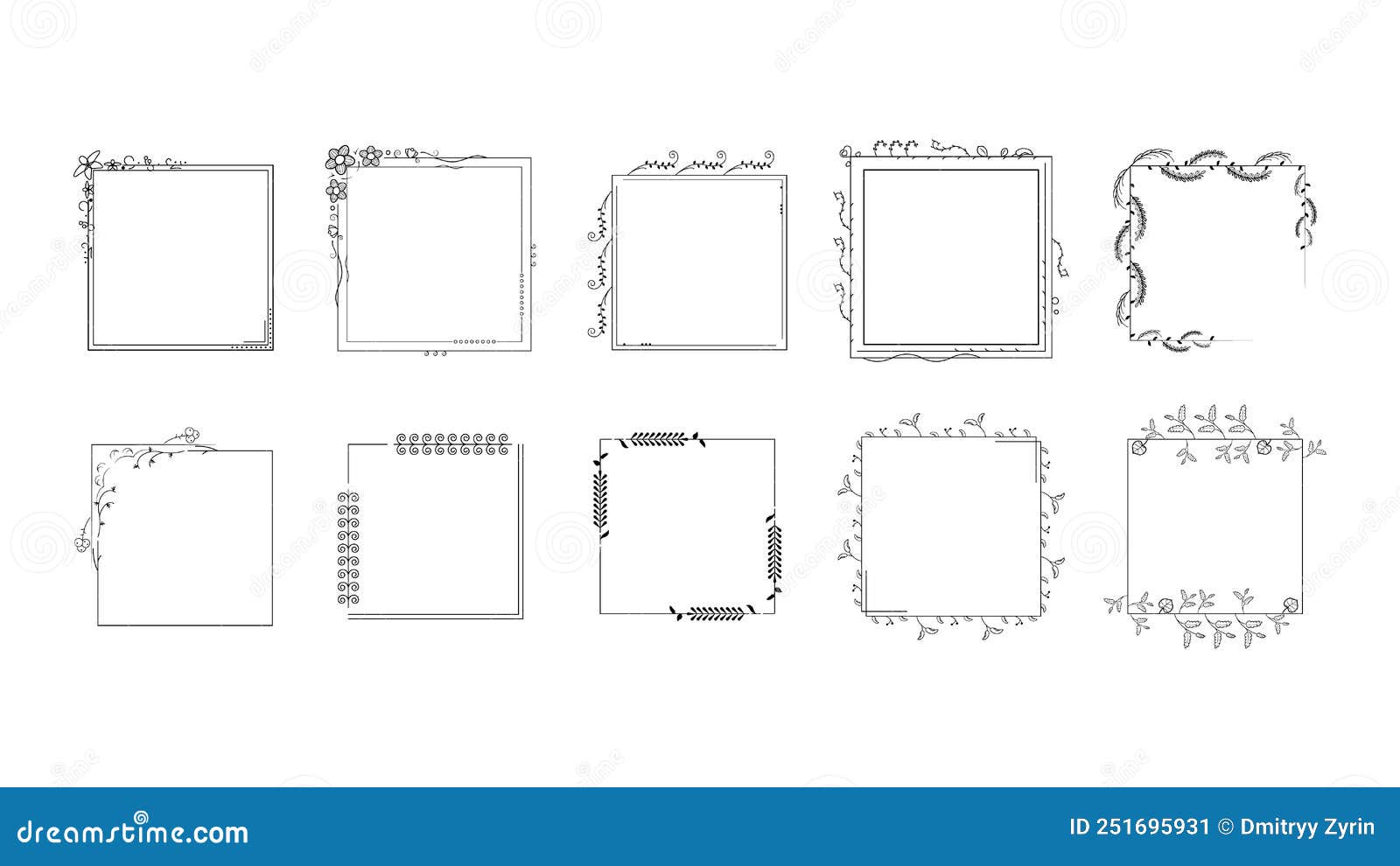 Set Black Simple Line Frame Collection Doodle Square Floral Frame ...