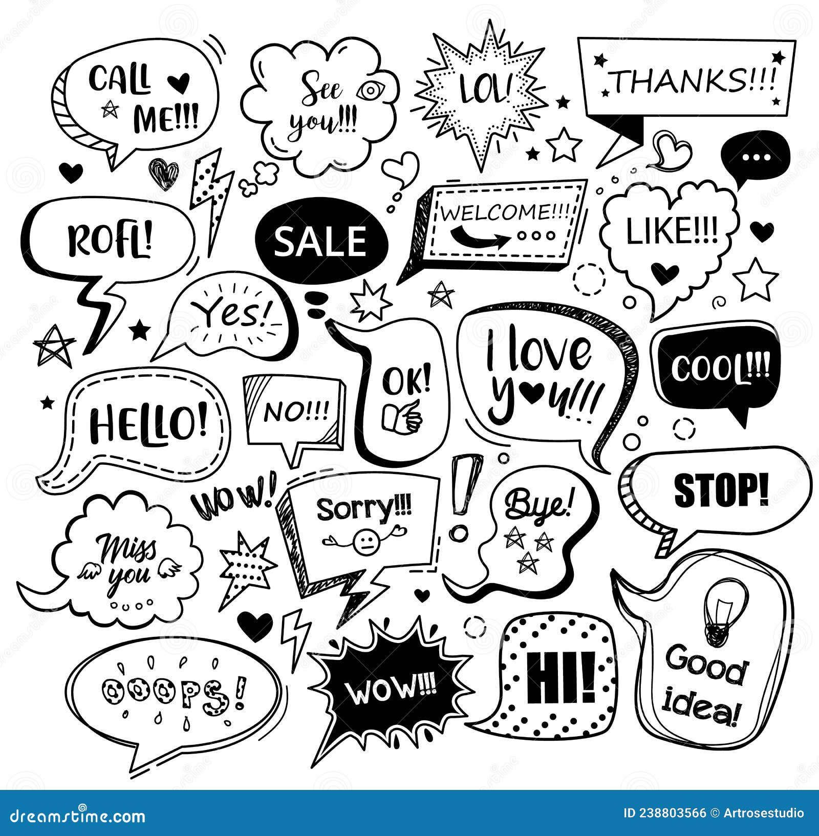 Set of Black Speech Bubbles with Different Words in Doodle Style for ...