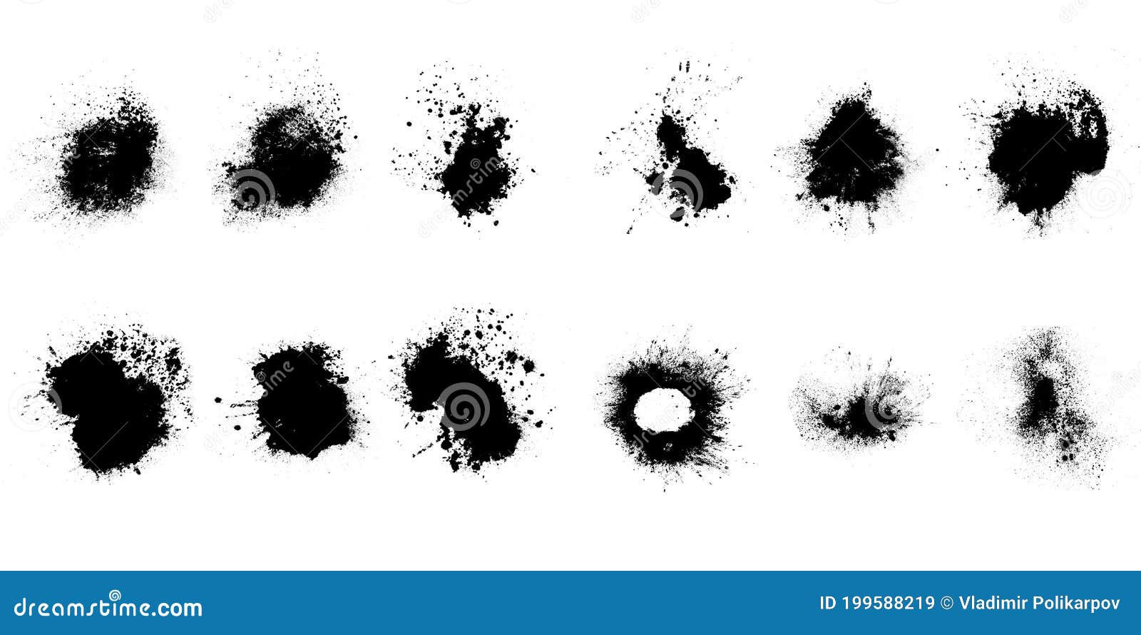 Set of Black Splashes with Splashes Isolated on White Background Stock ...