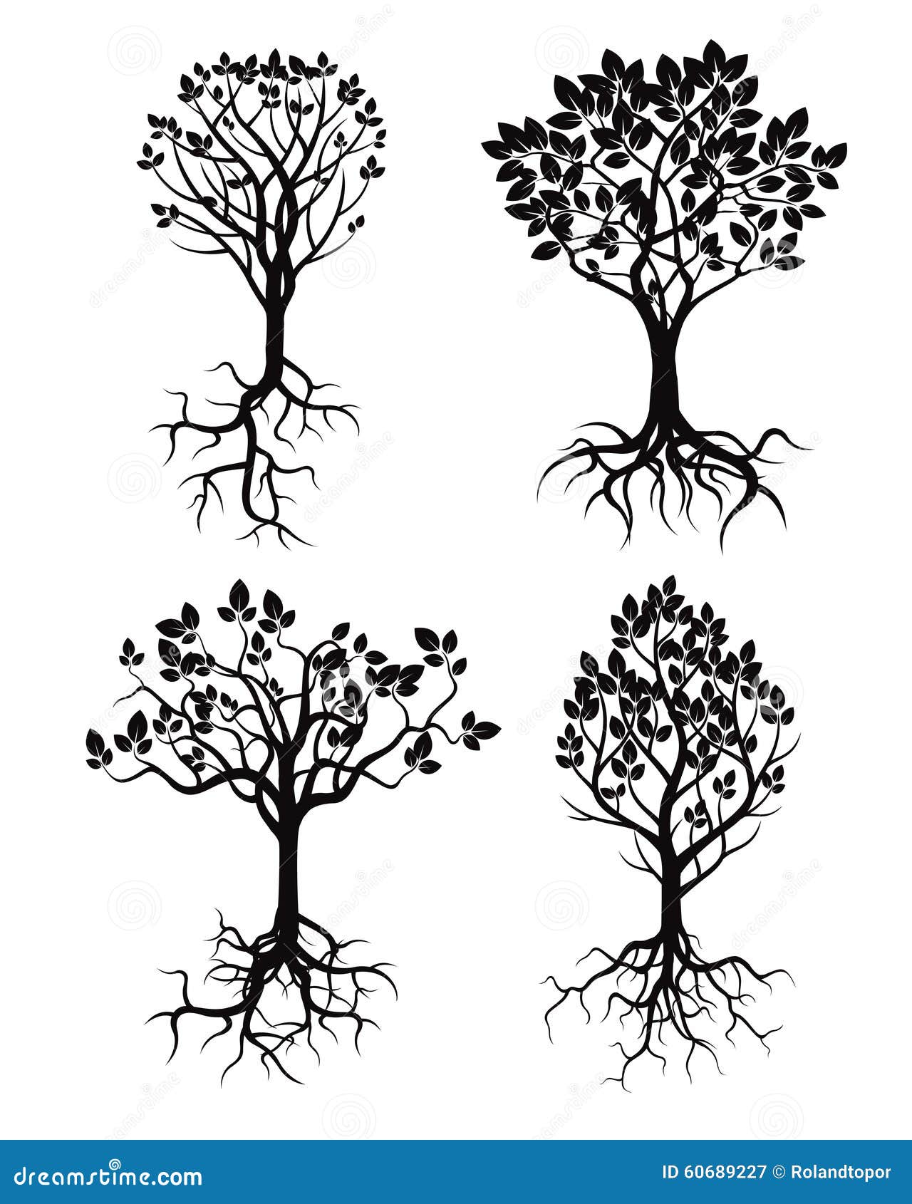 Set of Black Tree and Roots. Stock Illustration - Illustration of ...