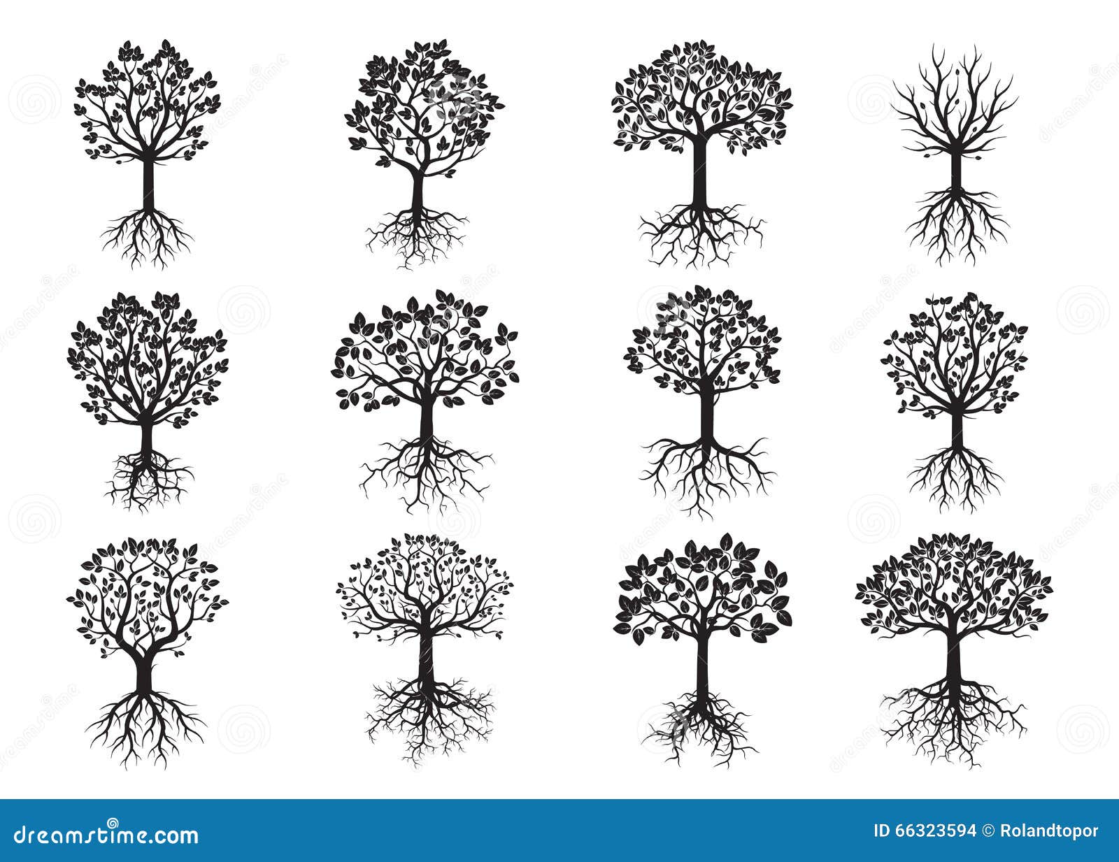 Set of Black Trees and Roots. Vector Illustration. Stock Illustration ...