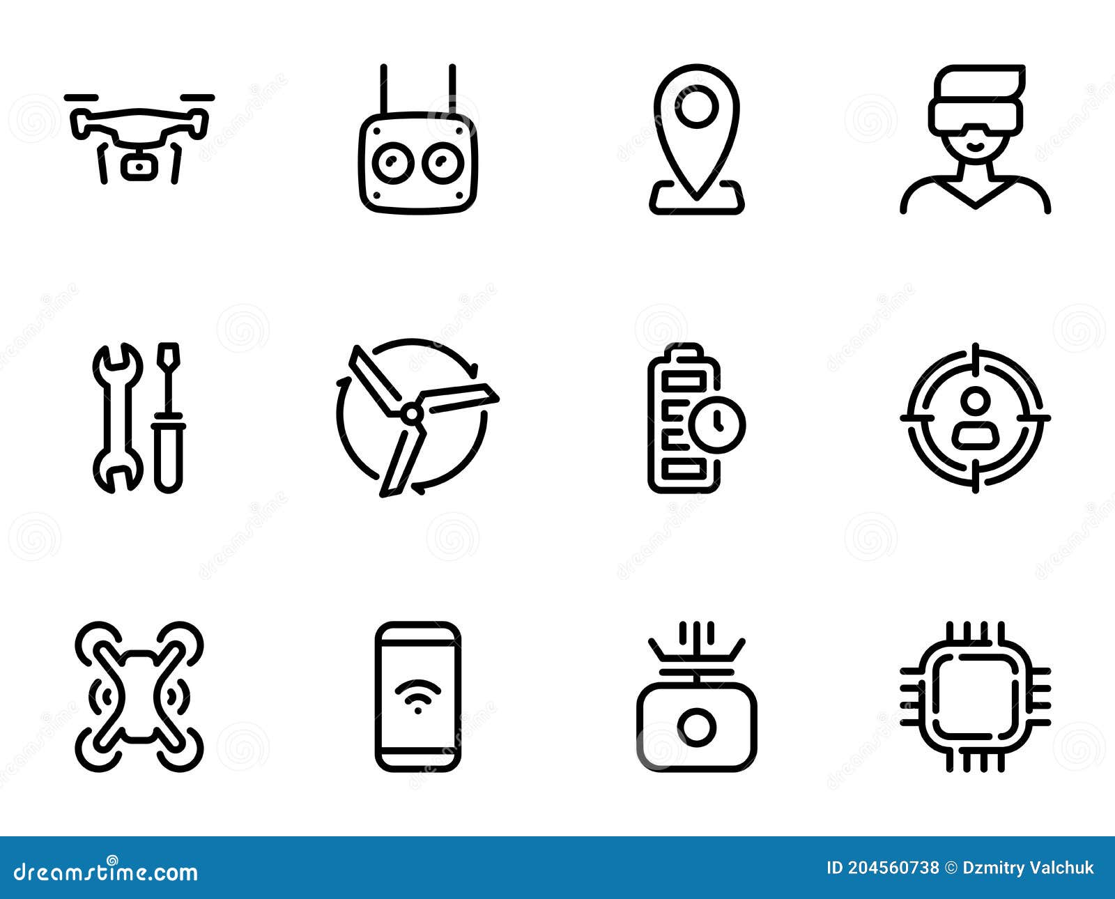 Set of Black Vector Icon, Isolated on White Background, on Theme Drone ...
