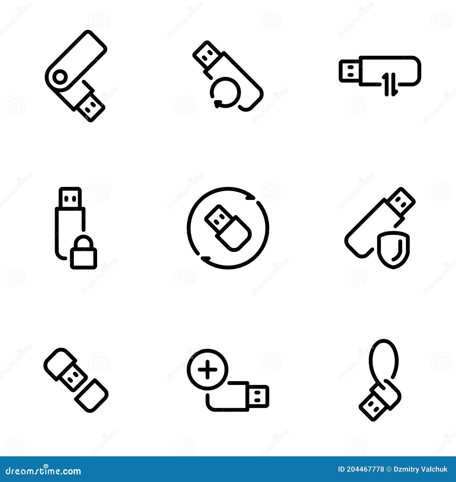 Set of Black Vector Icons, Isolated on White Background, on Theme Usb ...