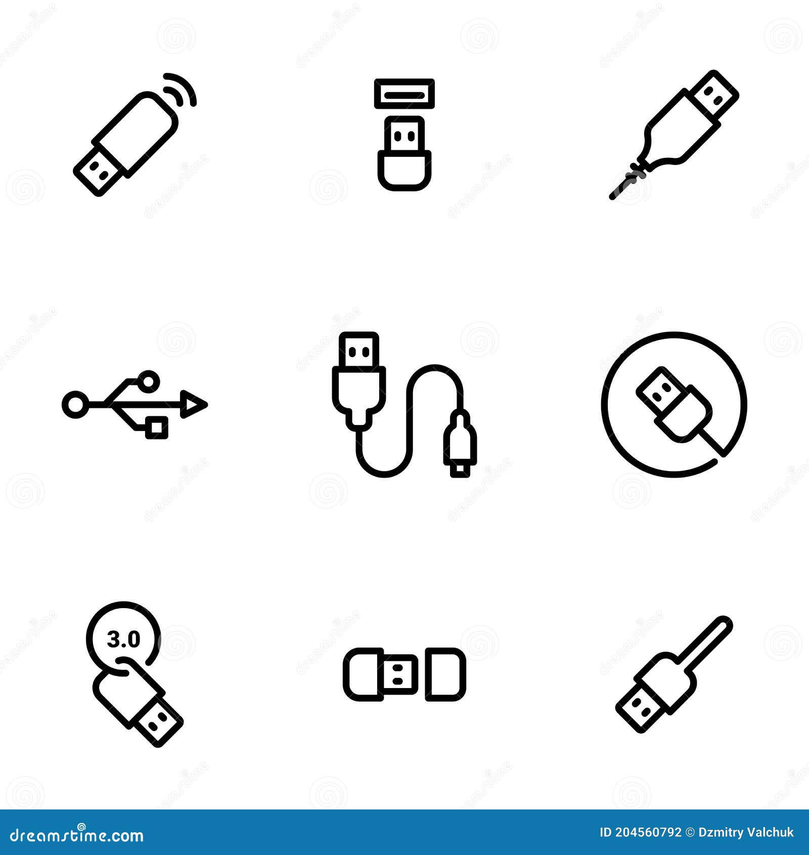 Set of Black Vector Icon, Isolated on White Background, on Theme Usb ...