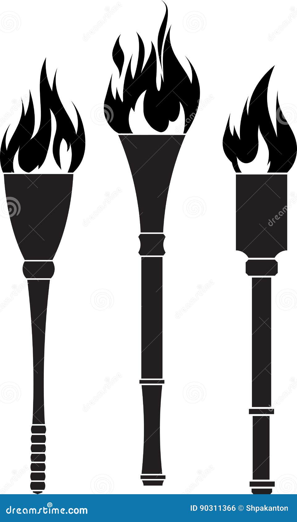 Set of 3 Black Vector Torches with Flame. Stock Vector - Illustration ...