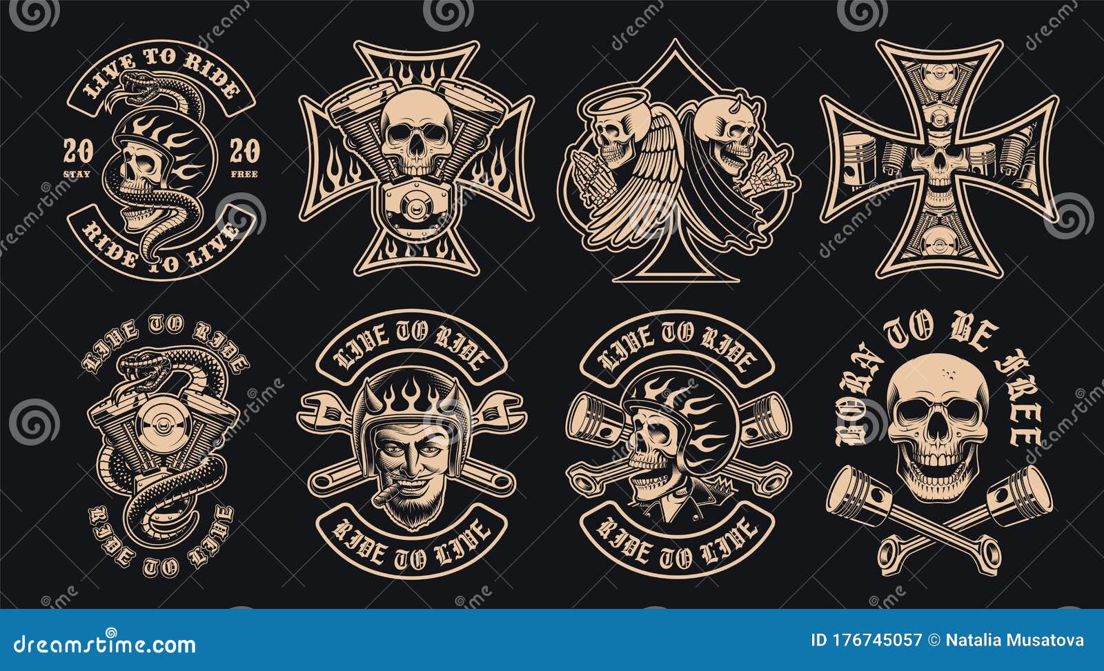 Set of Black and White Biker Emblems on a Dark Background Stock ...