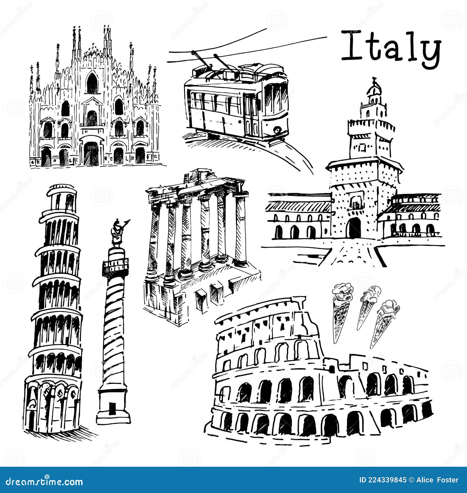 Set Of Black And White Buildings And Objects, The Main Landmarks Of ...